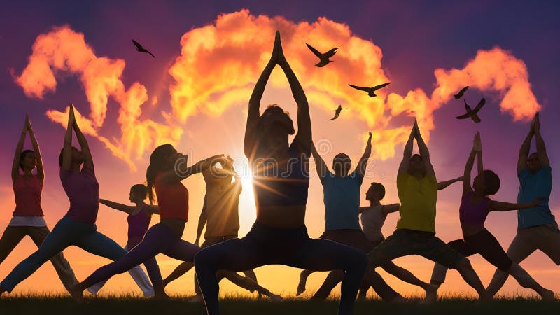 People Practicing Various Yoga Poses Against an Orange Sunset Sky with ...