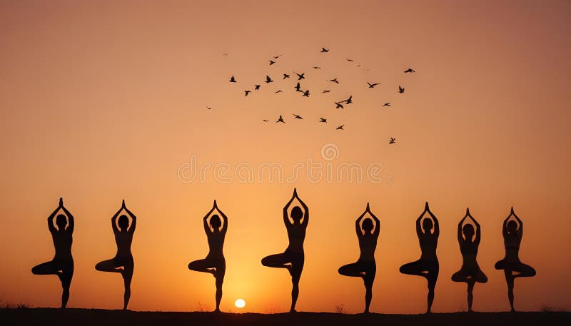 People Practicing Various Yoga Poses Against an Orange Sunset Sky with ...