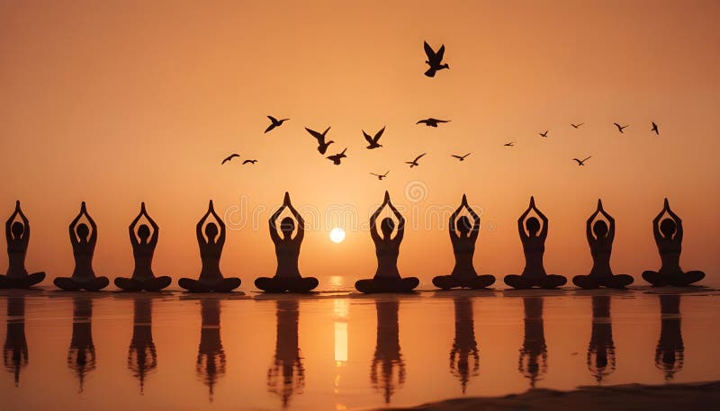 People Practicing Various Yoga Poses Against an Orange Sunset Sky with ...
