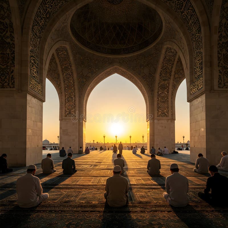 People Praying Inside a Mosque at Sunset, Facing the Bright Light Stock ...