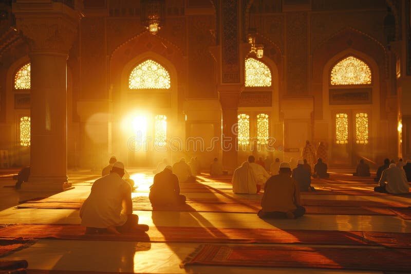 People Praying in Mosque with Golden Light Stock Illustration ...