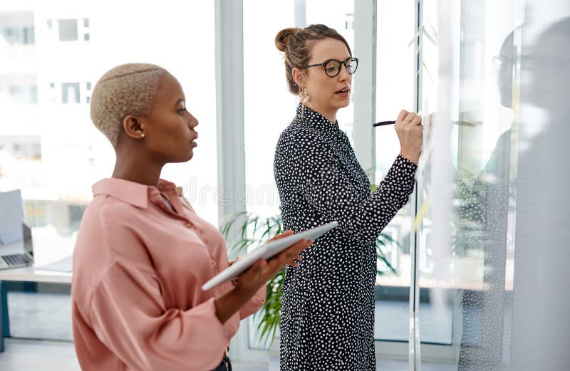 People, Problem Solving or Brainstorming on Glass Wall, Tablet or ...