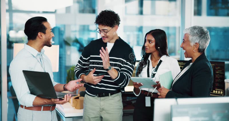 People, Programmer and High Five with Laptop in Office of Programming ...