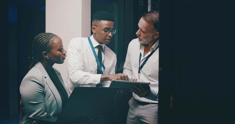 People, Programming or Tablet in Server Room, Conversation or Teamwork ...