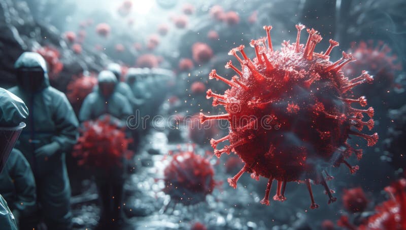 People in Protective Suits Stand in Front of a Large Red Virus Stock ...