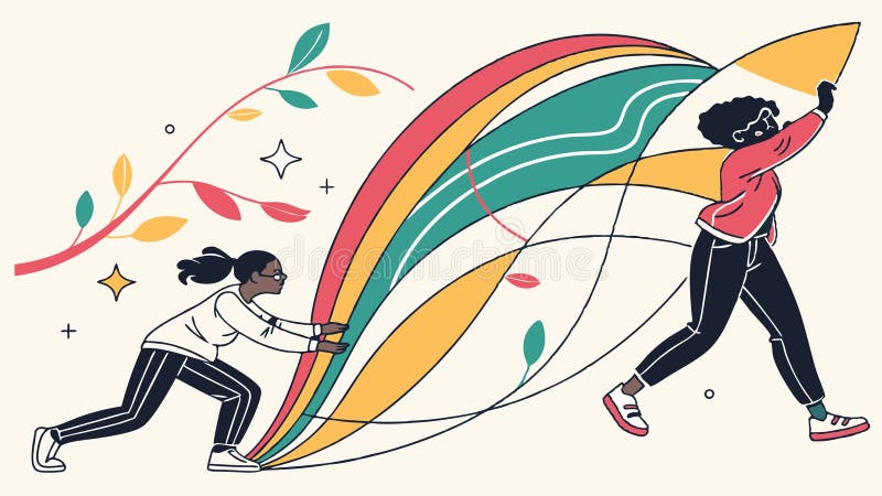 People Pulling Abstract Rainbow Ribbon, Teamwork and Creativity, Vector ...