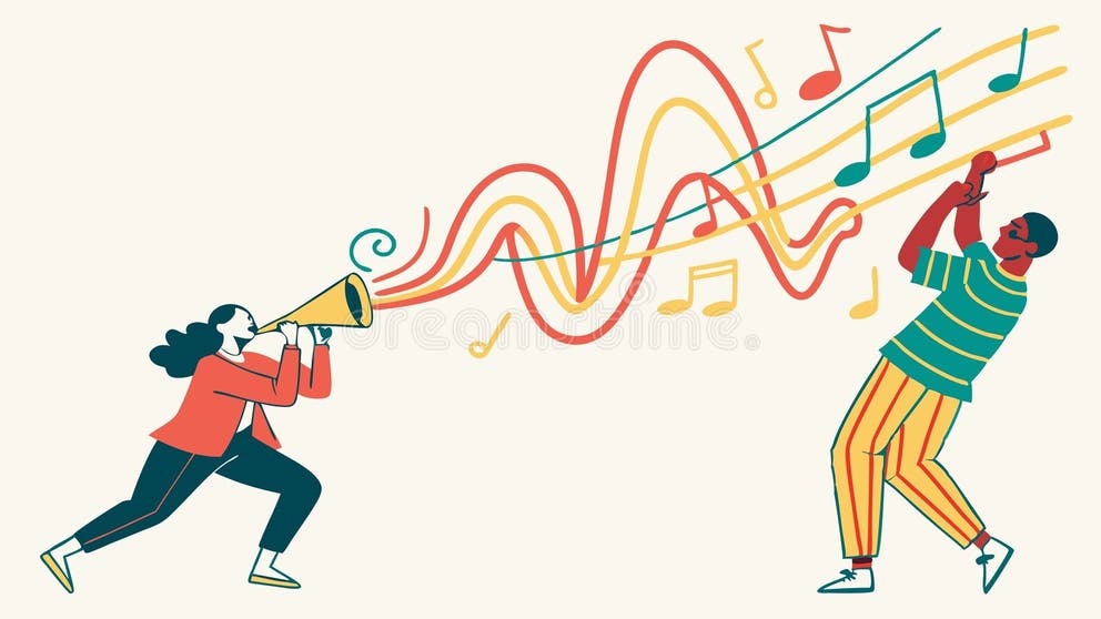 People Pulling Lines with Musical Notes, Creative Collaboration. Vector ...