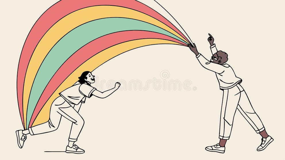 People Pulling Rainbow, Teamwork and Creativity, Vector Design ...
