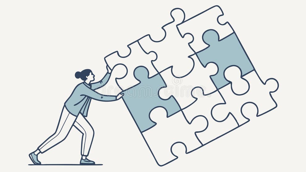 People Pushing Puzzle Pieces, Teamwork and Problem Solving, Vector ...