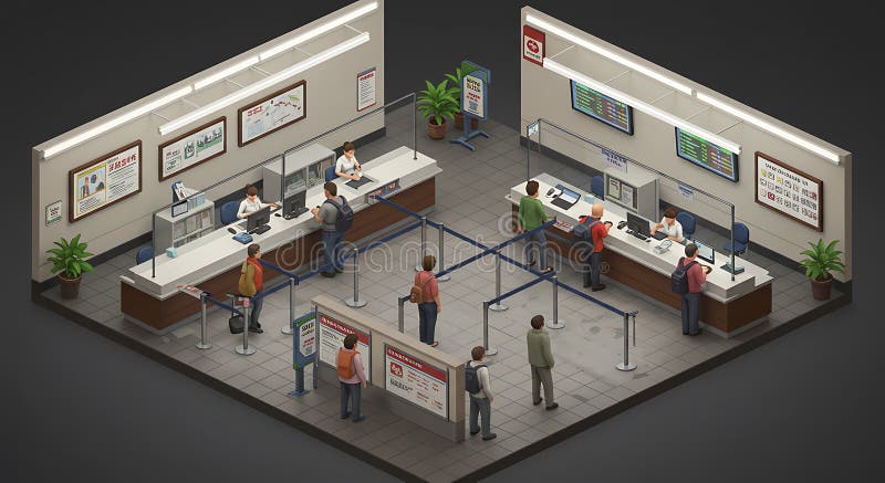 People Queueing at Counters in an Isometric View of a Service Area ...
