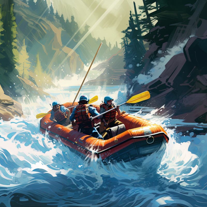 People in a Raft Navigating a River through Mountain Cliffs and Trees ...