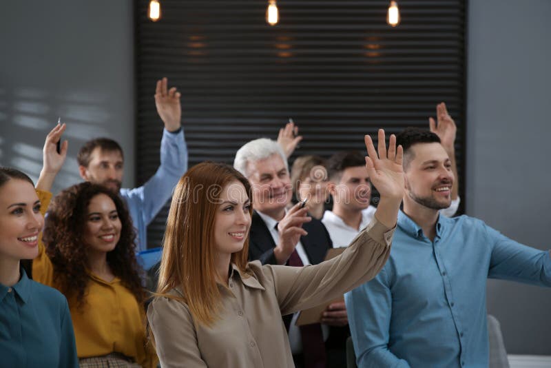 People Raising Hands To Ask Questions at Seminar Stock Photo - Image of ...