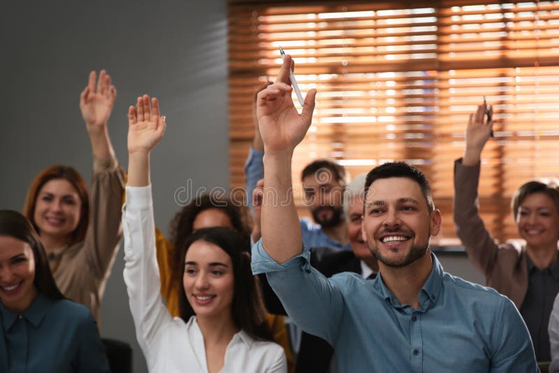 People Raising Hands To Ask Questions at Seminar Stock Image - Image of ...