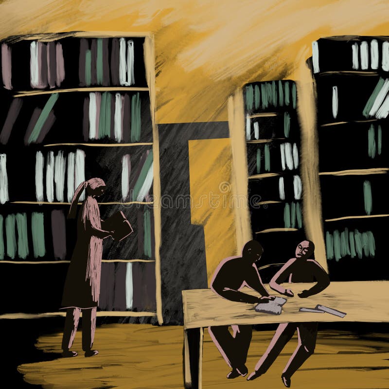 People Read Books in the Library, Shelves with Books Stock Illustration ...