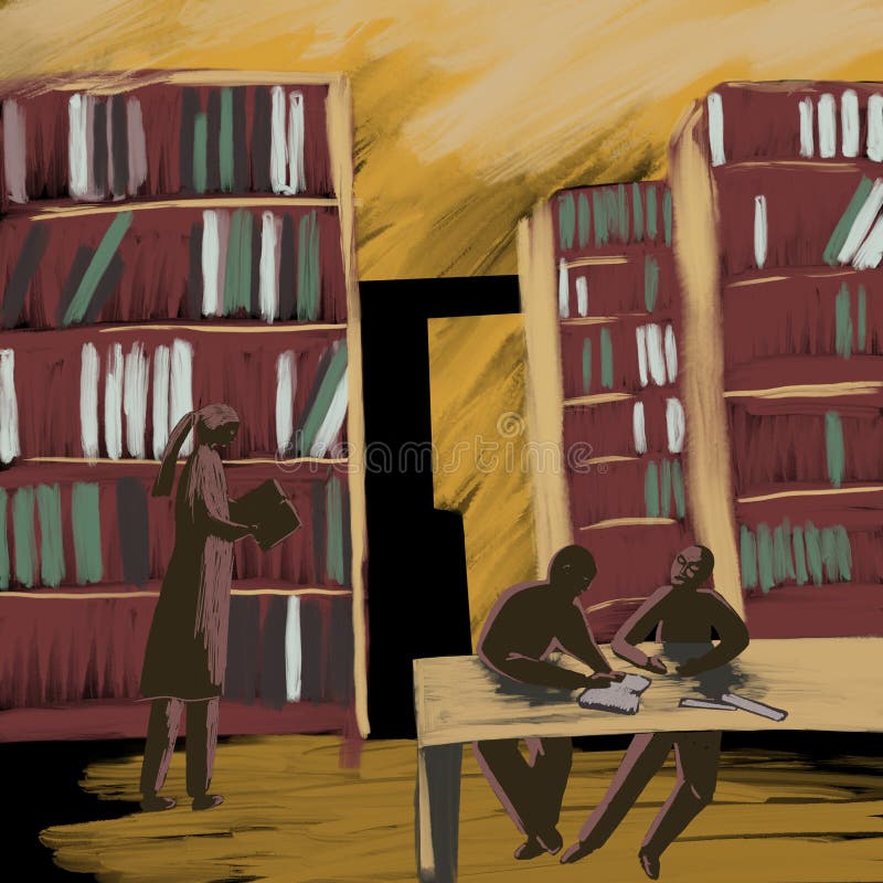 People Read Books in the Library, Shelves with Books Stock Illustration ...