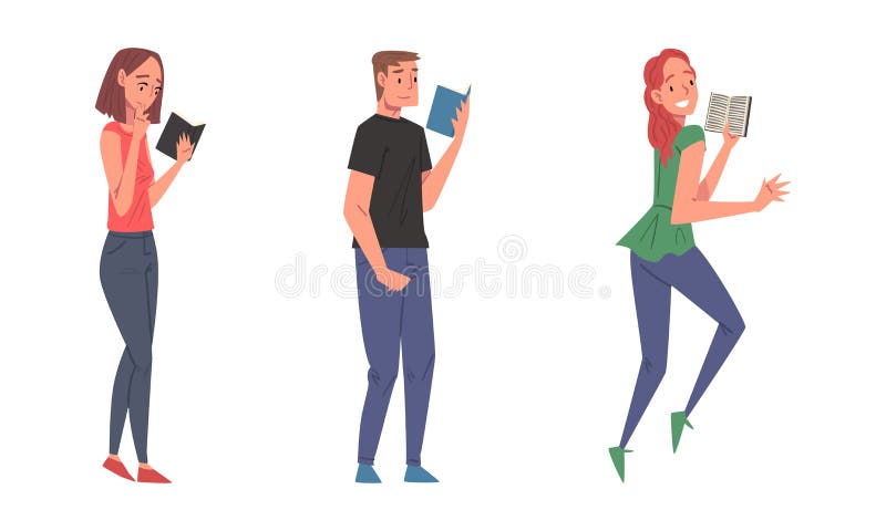People Reading Interesting Books Set Cartoon Vector Illustration Stock ...