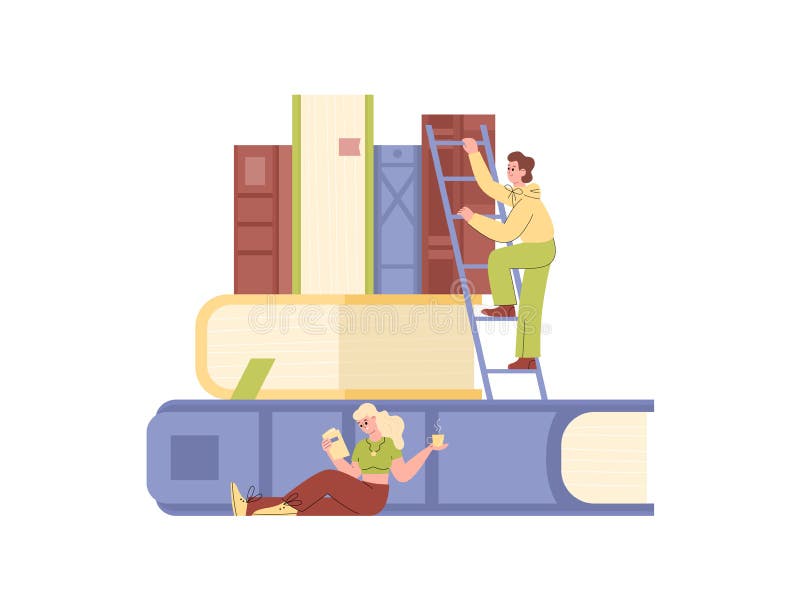 People Reading Near Huge Stacked Books Flat Vector Illustration