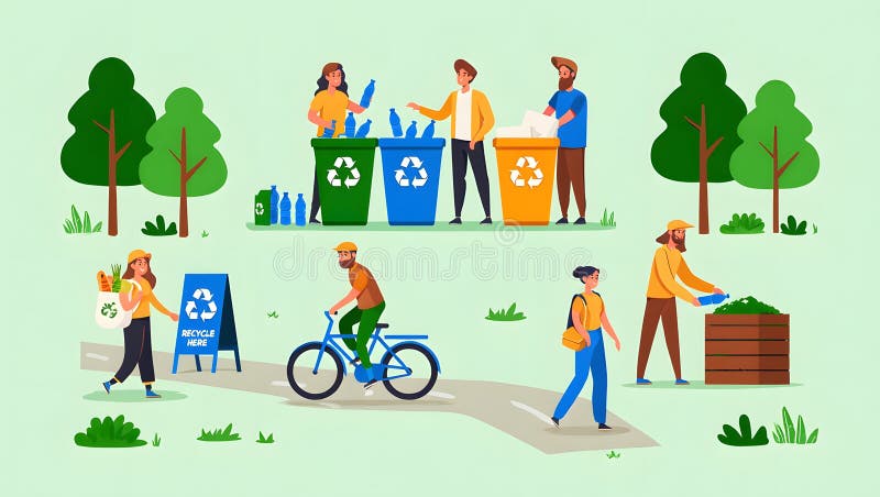 People Recycling and Composting in Green Environment Stock Illustration - Illustration of ...