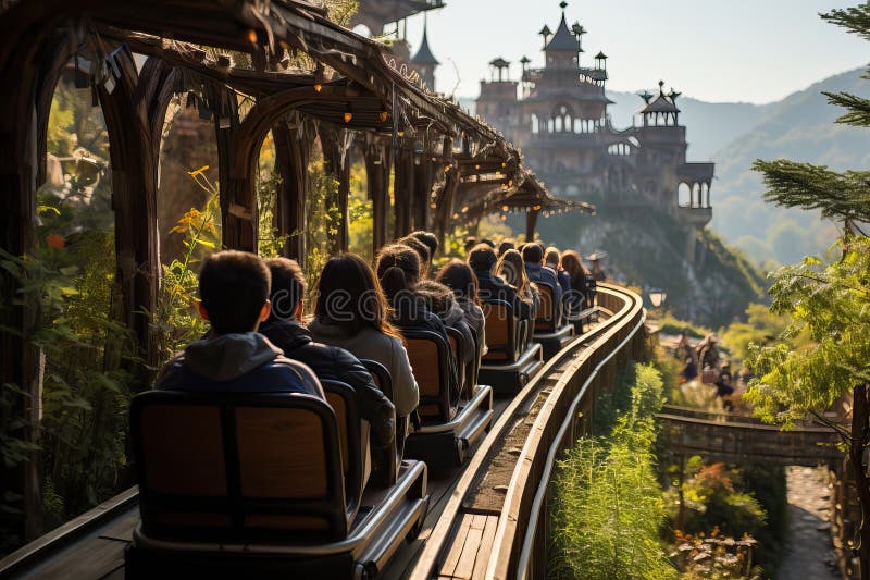 People Ride Roller Coasters, Attractions in an Amusement Park. Stock ...