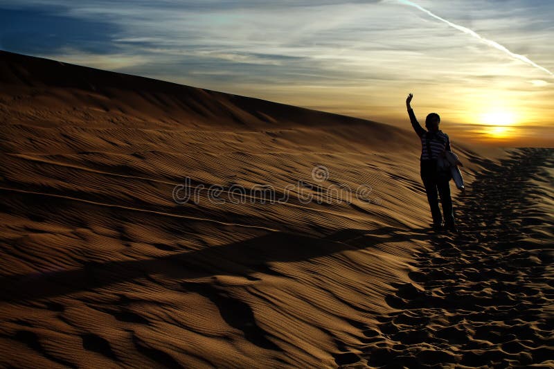 People Rising Arm in the Desert in the Evening Stock Image - Image of ...
