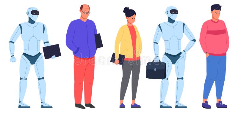 People and Robots Waiting in Line. Futuristic Work Stock Vector ...