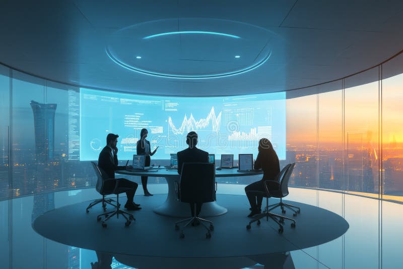 People at a Round Table in the Office with Holographic Screens with ...