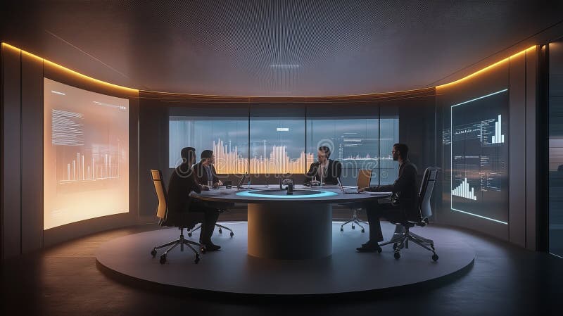 People at a Round Table in the Office with Holographic Screens with ...