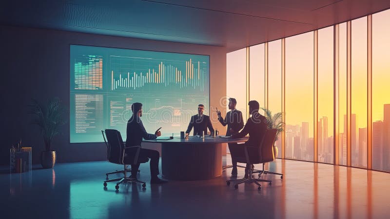 People at a Round Table in the Office with Holographic Screens with ...