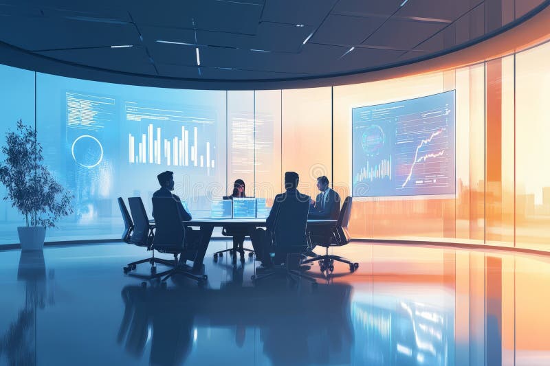 People at a Round Table in the Office with Holographic Screens with ...