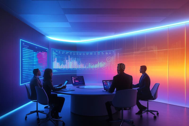 People at a Round Table in the Office with Holographic Screens with ...