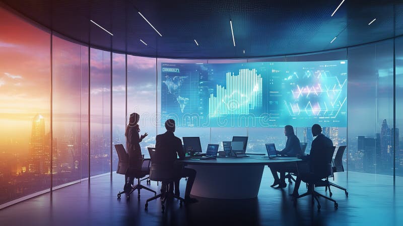 People at a Round Table in the Office with Holographic Screens with ...