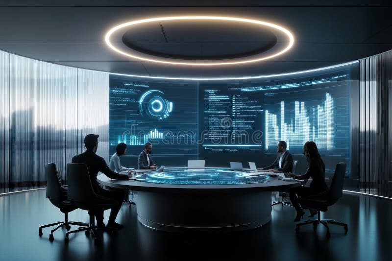 People at a Round Table in the Office with Holographic Screens with ...