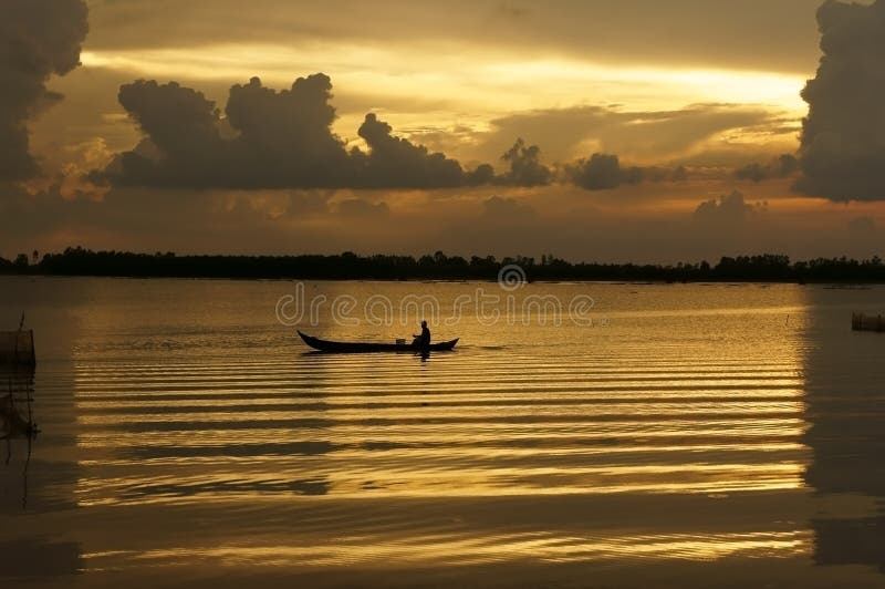 People with Row Boat on River at Sunrise Stock Photo - Image of canoe ...