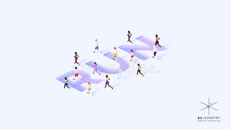 People Run on Text Design. Conceptual Isometric Illustration. Dimetric ...