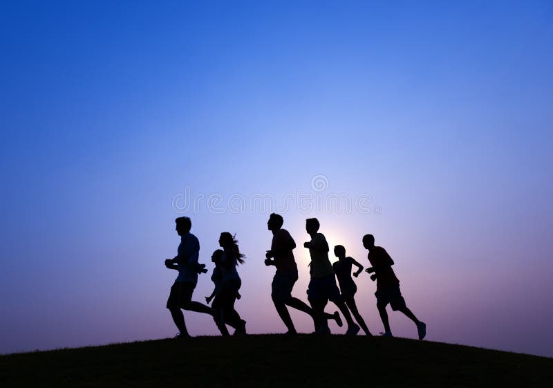People Running at Blue Sunset Stock Image - Image of family ...