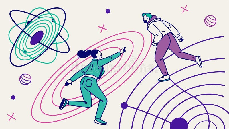 People Running in Digital Space, Virtual Tech Movement, Vector Design ...