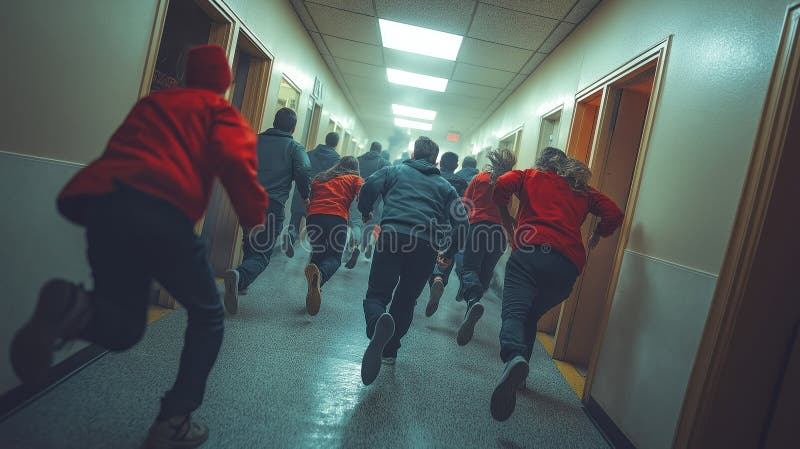 People Rush through Corridor during Emergency Drill. Evacuation ...