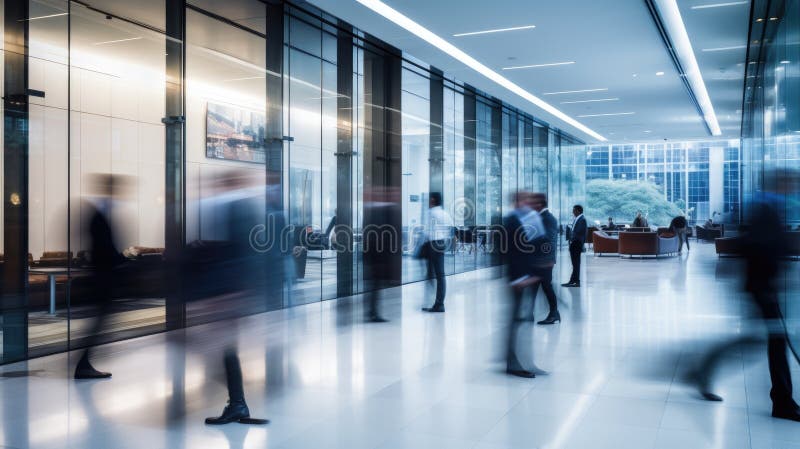 People Rushing in Office Lobby with Motion Blur Stock Photo - Image of ...