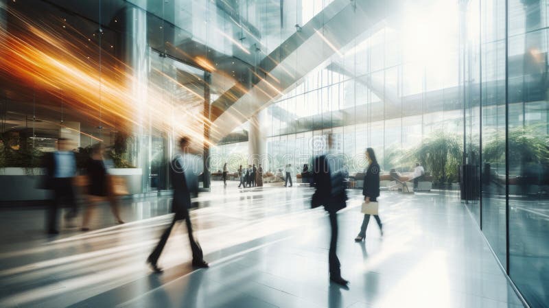 People Rushing in Office Lobby with Motion Blur Stock Photo - Image of ...