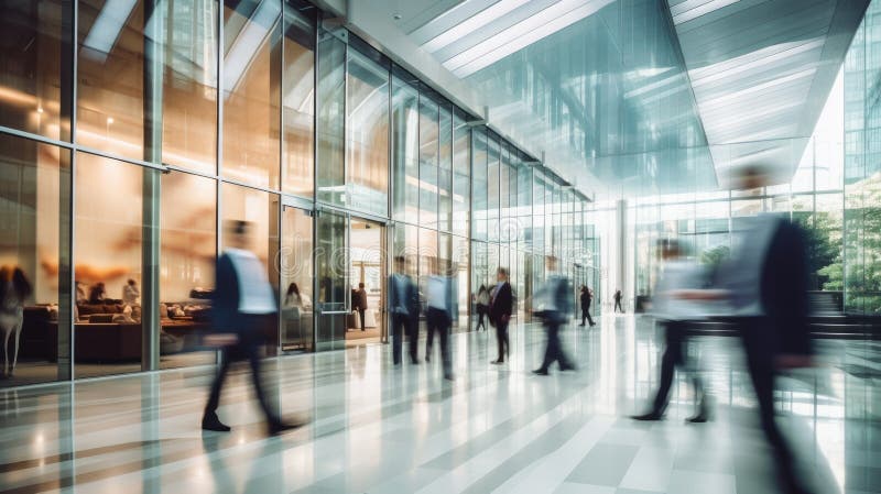 People Rushing in Office Lobby with Motion Blur Stock Photo - Image of ...