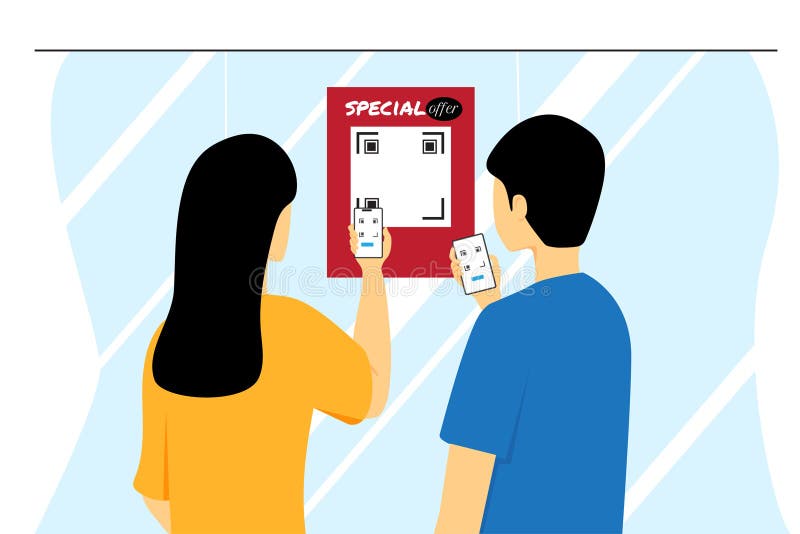 Vector Illustration of People Scan Qr Code from Poster. Man and Woman ...
