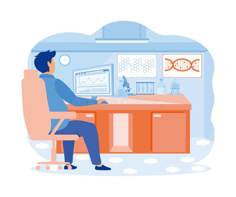 Male Scientist Sitting with His Computer Doing Research in Laboratory ...