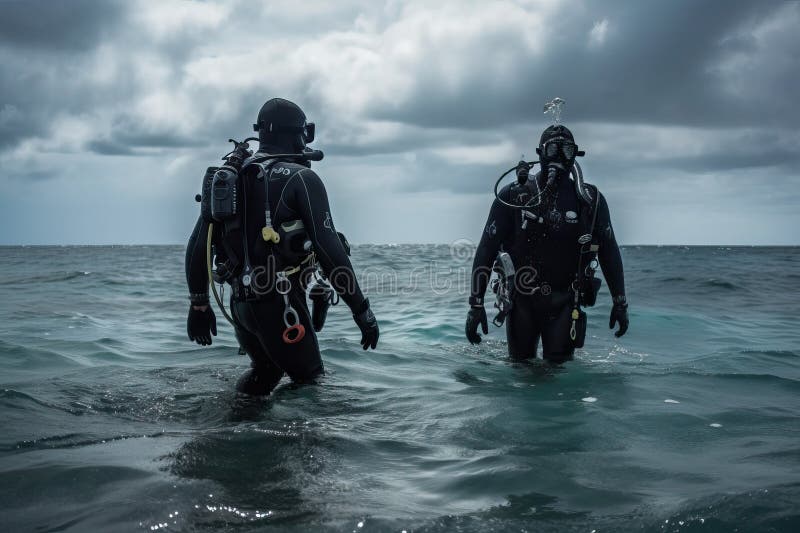 People with Scuba Diving and Diving Suits Go into the Sea, Generative ...