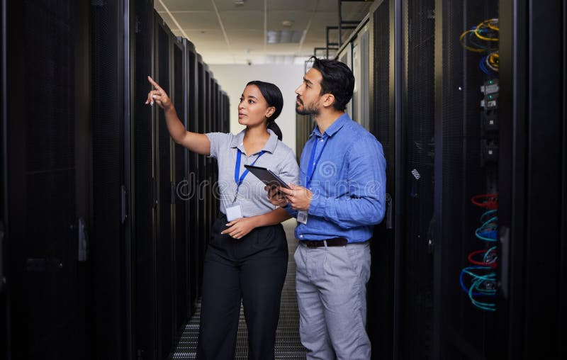 People Server Room And Engineering Teamwork Inspection And Tablet For Cybersecurity Power Or