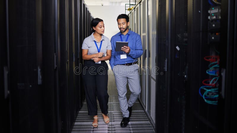 People Server Room And Teamwork On Tablet Cybersecurity Engineering And Programming Or Coding