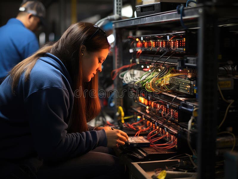 People in Server Room Working with Cameras Stock Illustration ...