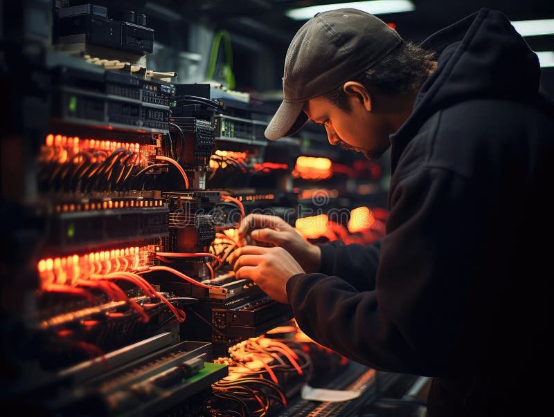People in Server Room Working with Cameras Stock Illustration ...