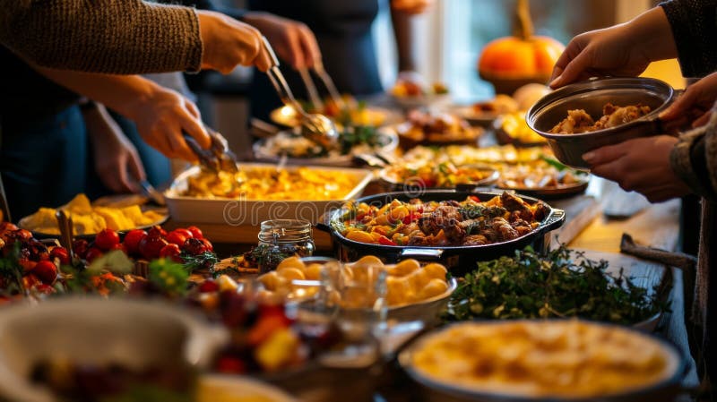 People Serving Themselves from a Buffet Table Filled with Food Stock ...