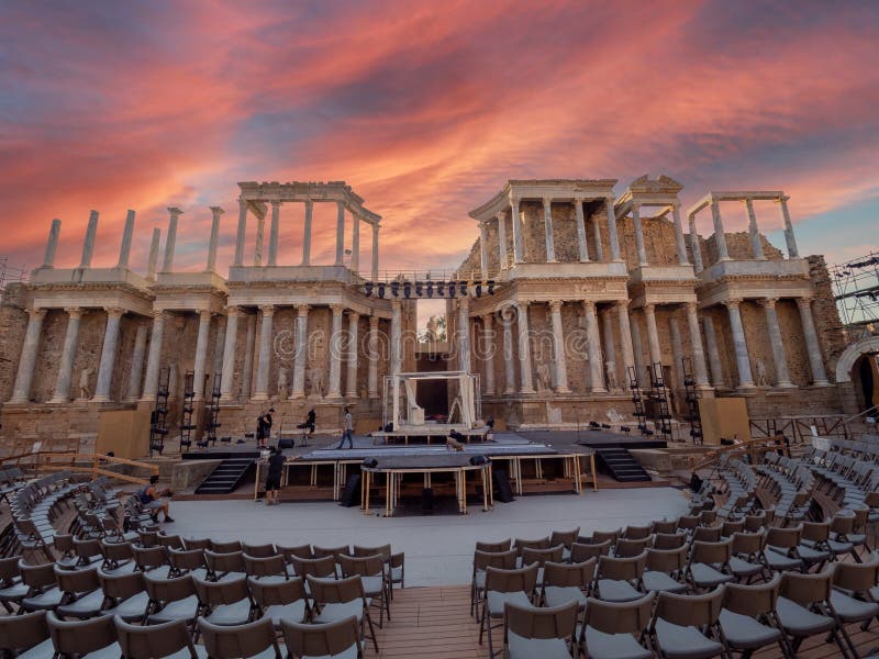 People Setting Up and Preparing the Stage in the Roman Amphitheater in ...