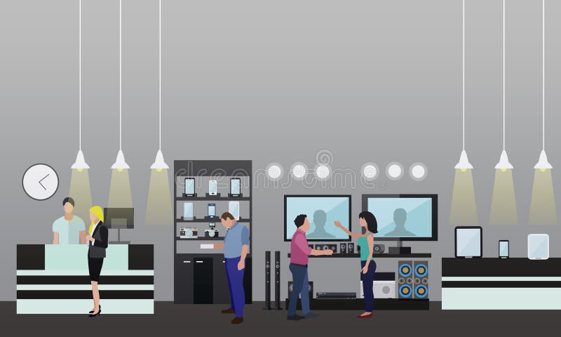 People Shopping in a Mall. Consumer Electronics Store Interior. Vector ...